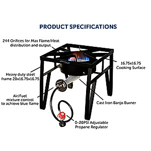 Flame King Heavy Duty 200K BTU, 0-20 PSI, Propane Gas Single Burner Bayou Cooker Outdoor Stove for Home Brewing, Turkey Fry, Maple Syrup Prep, Cajun Cooking