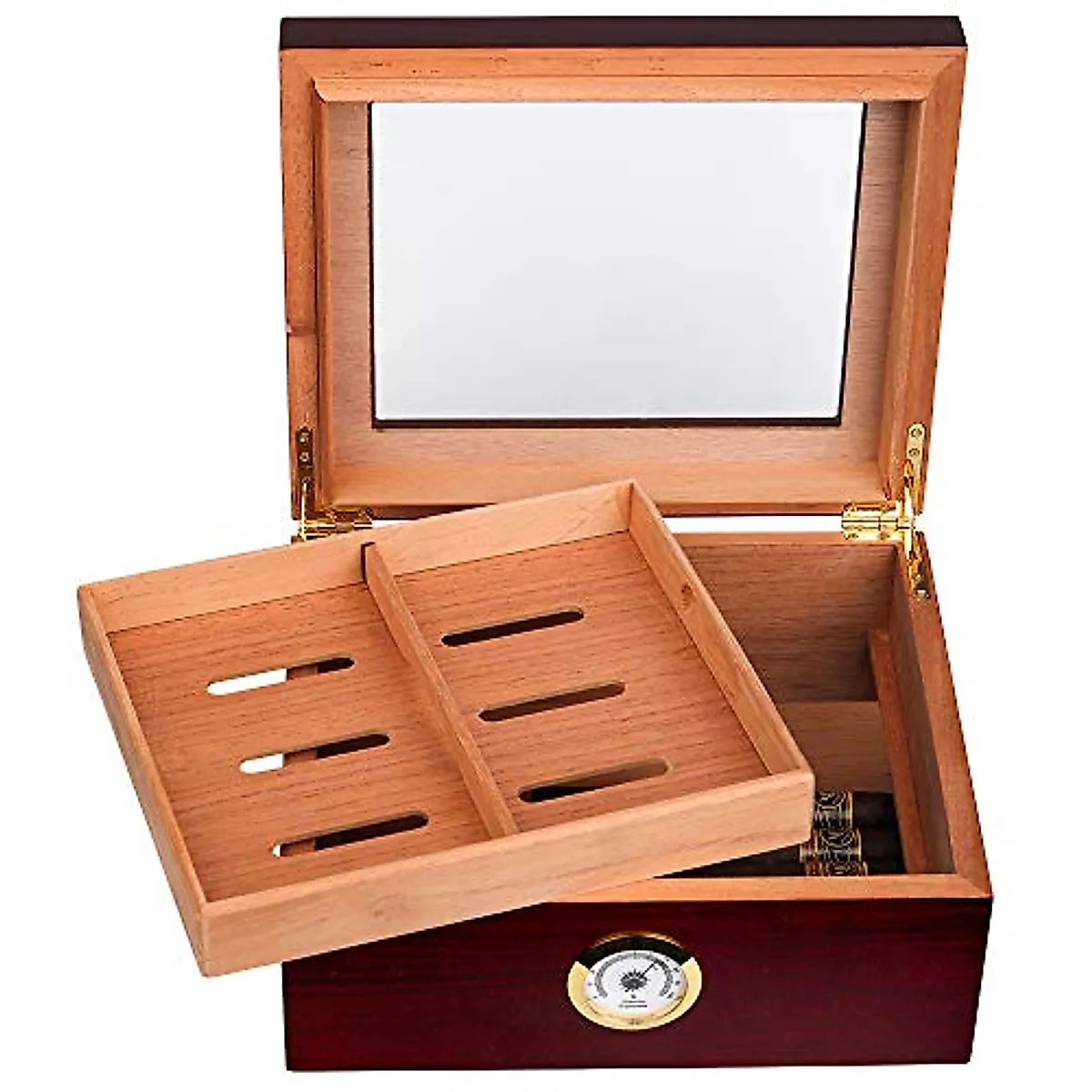 Mantello Glass Top Cigar Humidors - Humidor Cigar Box with Humidifier, Spanish Cedar Tray, Divider, and Hygrometer - Gifts for Men, Holds 25 to 50 Cigars