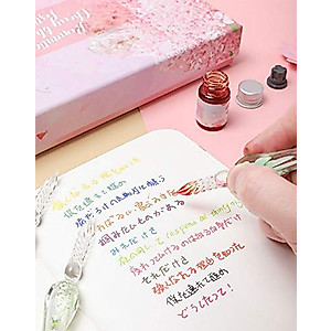 XIAOYU Glass Dip Pen Ink Set, 16 Pieces Calligraphy Pens Set - 12 Colorful Inks, Pen Holder, Cleaning Cup, 2 Crystal Glass Pens for Writing, Signature - Yellow