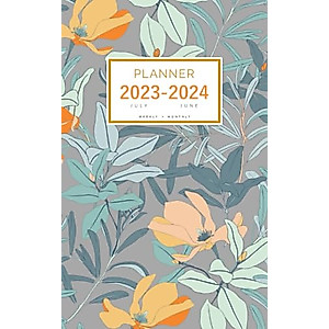 Planner July 2023-2024 June: 5x8 Weekly and Monthly Organizer Small | Trendy Magnolia Blossom Flower Design Gray