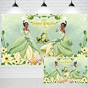 Wenqiang Princess Tiana Backdrop for Birthday Party Banner Decorations Happy Birthday Princess and The Frog Supplies Photography Background 5x3ft Cake Table