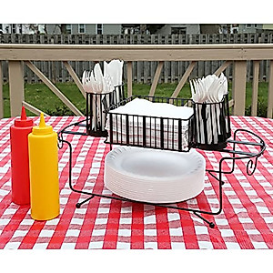 HOME DISTRICT Buffet Caddy for Plates, Utensils, Napkins 2 Tier Silverware Holder Dinner Plate Holder, Black Metal with Scroll Design