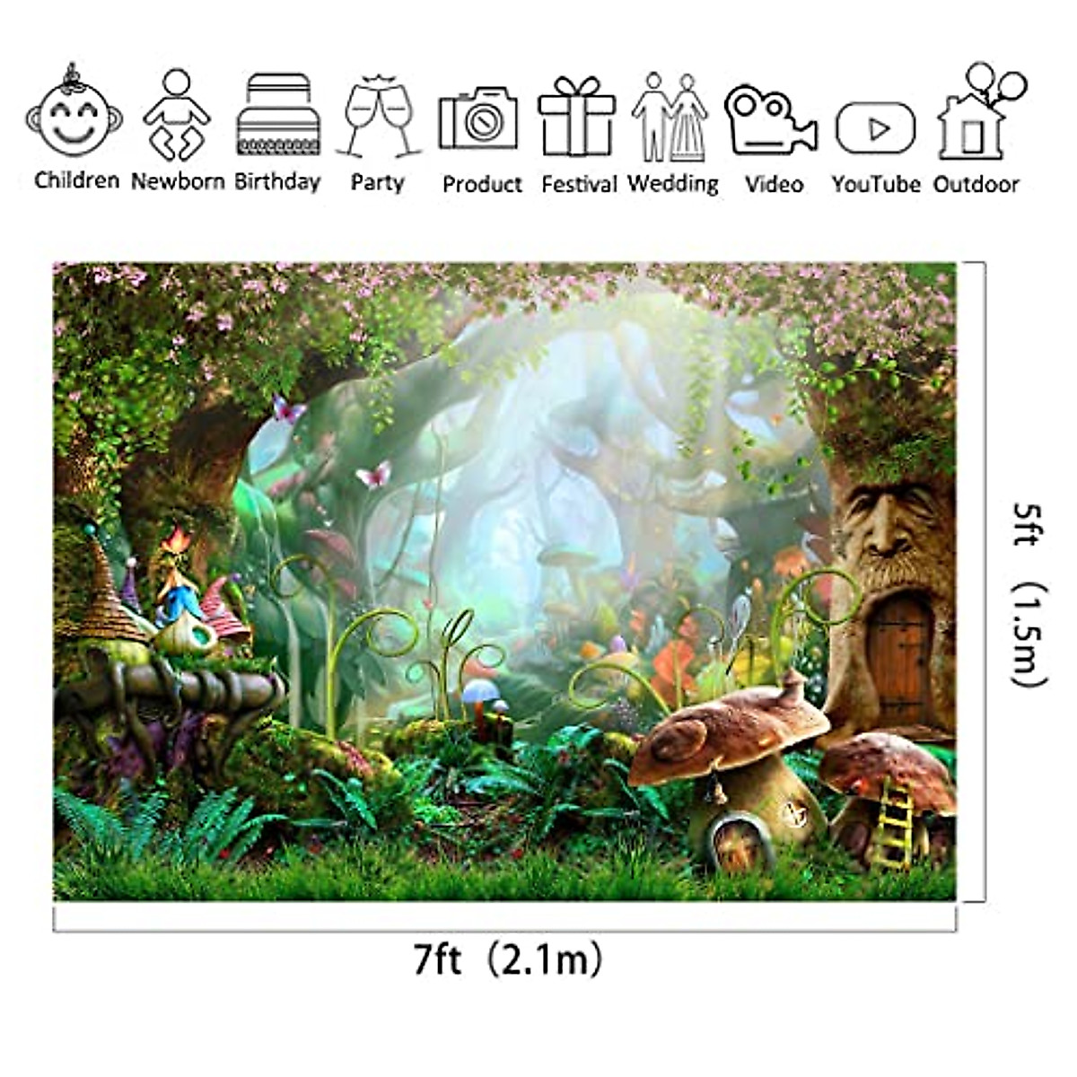 7x5ft Enchanted Forest Photo Backdrop, Fairy Tale Wonderland Backdrop, Alice and Wonderland Backdrop ​for Girl Princess Birthday Party Newborn Baby Shower Banner Decoration Photo Booth Prop