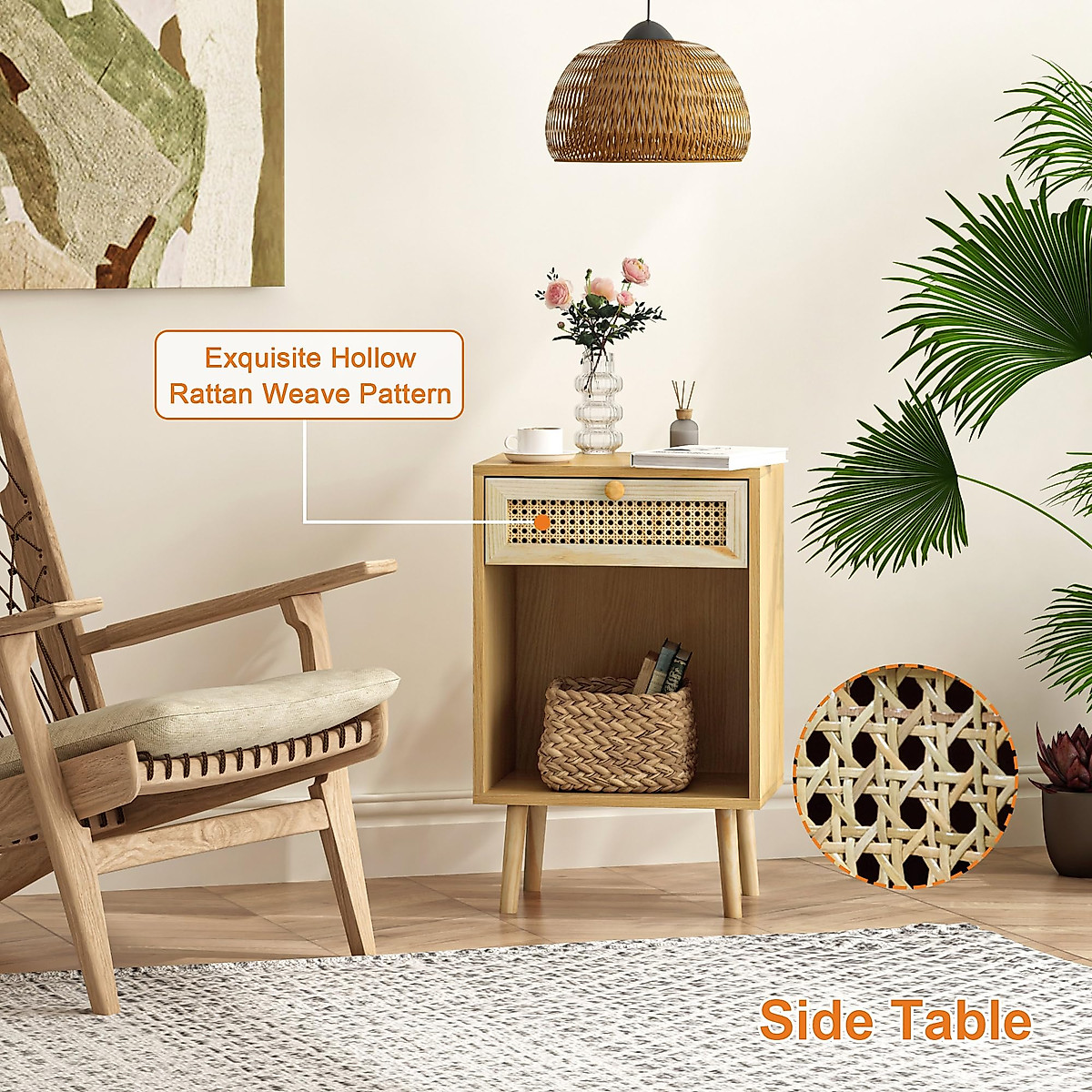 Koifuxii Natural Rattan Boho Nightstand - 24" High, 16.82" x 4.89" x 20.02" Light Wood Bedside Table - Bedroom, Living Room