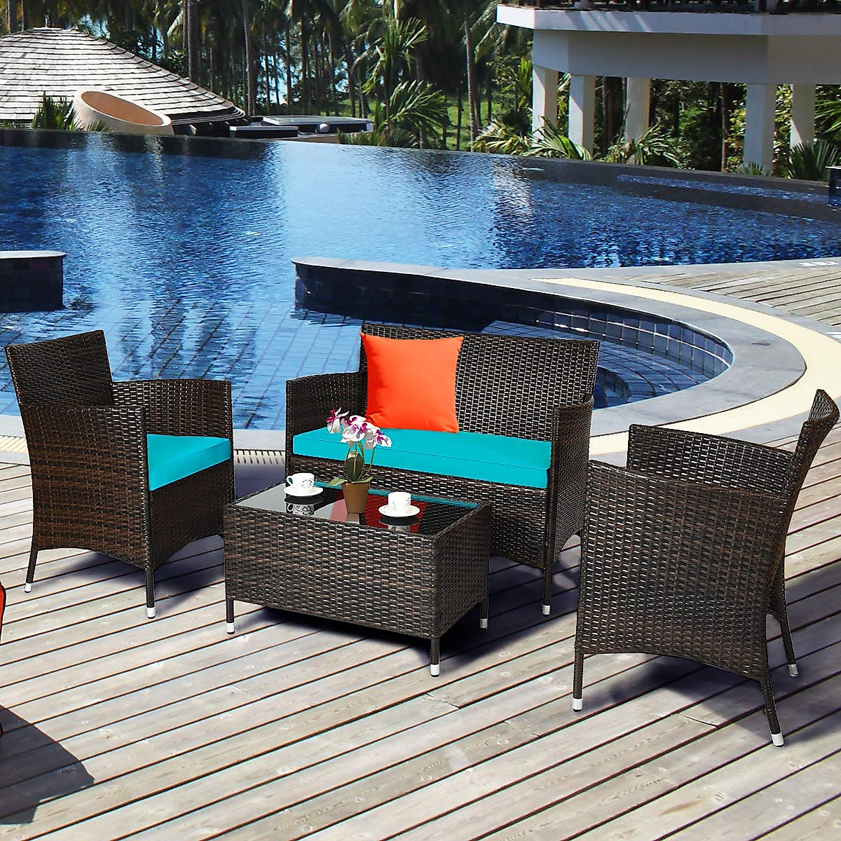 Goplus 4-Piece Rattan Patio Set, Outdoor/Indoor Wicker Conversation Set for Pool, Backyard, Lawn, Wicker Chairs and Sofa with Soft Cushion, Rattan Furniture with Tempered Glass Coffee Table