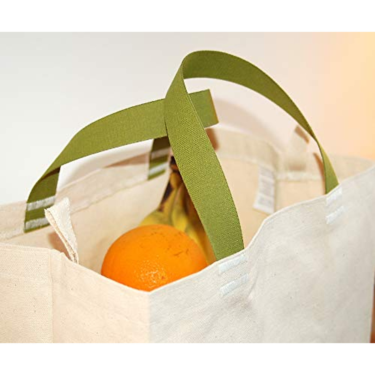 Turtlecreek Made in USA Cotton Canvas Reuseable Grocery Tote Bags - Short Green Handles - Regular Size - 4 Pack