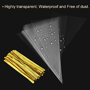 uxcell 100 Pcs Cone Cello Bags, Clear Flat Plastic Cello Treat Bags with Gold Twist Ties Candy Bags Cookie Bags for Christmas Snacks Candy Cookie Sweet