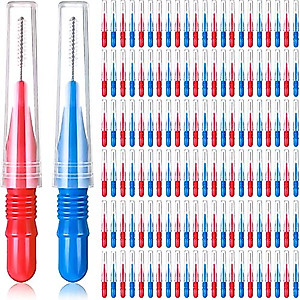 150 Pieces Interdental Brush Toothpick Tooth Flossing Head Oral Interdental Brush Flosser Toothpick Cleaners Tooth Cleaning Tool (Red, Blue,0.1 Inch, 0.12 Inch)