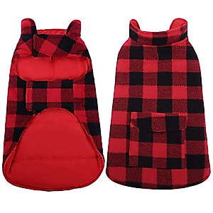 ASENKU Plaid Dog Winter Coat, Dog Fleece Jacket Plaid Reversible Dog Vest Waterproof Windproof Cold Weather Dog Clothes Pet Apparel for Small Medium Large Dogs Red M