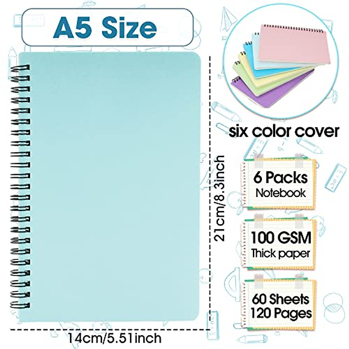 Aosmeol Spiral Notebook,6 Pack A5 5.7 x 8.3 Inch Spiral Lined Notebook,Thick Paper Hardcover Spiral Notebooks,College Ruled Notebooks for Writing School Office Business,60 Sheets 120 Pages,6 Colors