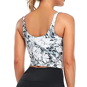 Oalka Sports Bra Womens Longline Padded Crop Tank Yoga Bras Workout Fitness Top Heart Floral Leaf White S