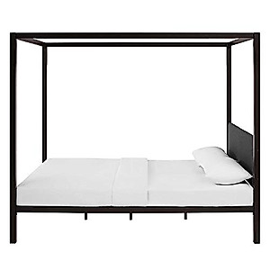 Fast Furnishings Queen Size Brown Metal Canopy Bed Frame with Grey Upholstered Headboard
