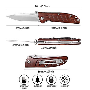 Harita Pocket Knife Folding Knife EDC, Wood Handle Thumb Stub with Pocket Clip, Stainless Steel Blades, 2.76 inch 8Cr13MoV Steel Blade, Foldable Camping Finishing Survival Hunting for Men Women RoseWood Handle
