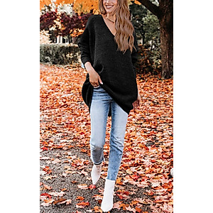 PRETTYGARDEN 2024 Casual Long Sleeve Sweater Dress V Neck Oversized Sweaters for Women Knitted Solid Long Pullover Jumper (Black,Small)