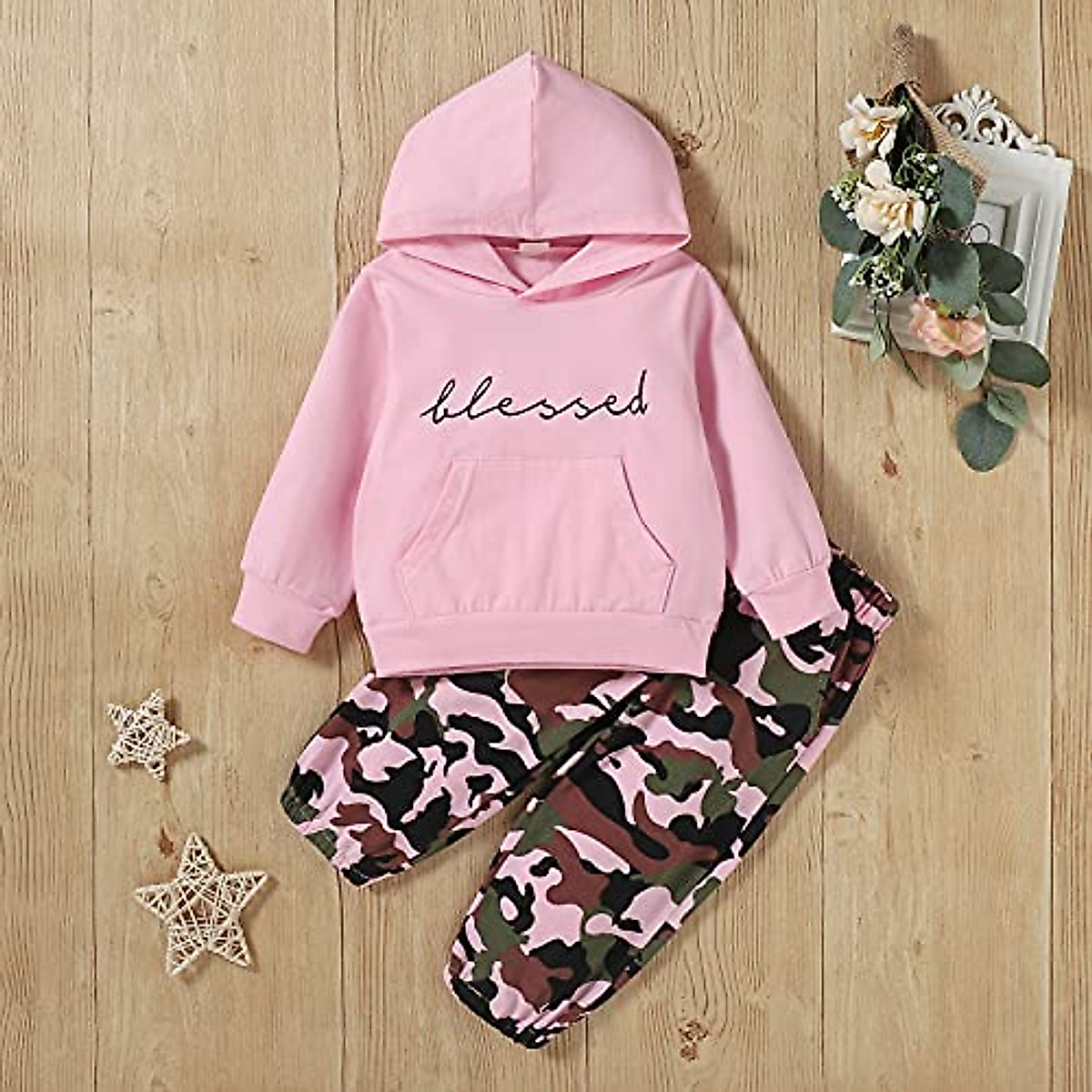 Toddler Baby Girl Winter Outfits Blessed Printed Hooded Top + Camouflage Pants 2pcs Clothes Set Tracksuit