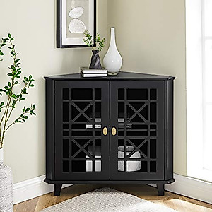 Walker Edison Ronne 2 Door Corner Accent Table with Fretwork Detail, 32 Inch, Black