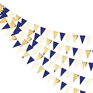 30 Ft Navy Blue Beige Gold Party Decorations Hanging Paper Triangle Flag Pennant Banner Bunting Garland for Bachelorette Engagement Wedding Birthday Baby Bridal Shower Anniversary Hen Party Supplies