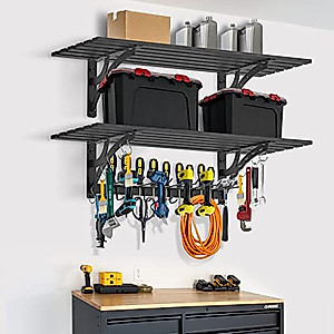 Dolibest 2PCS 16''x 38'' Heavy Duty Wall Mount Garage Shelf, Sturdy Garage Wall Shelving with Power Tool Storage, Wall Mounted Garage Storage Rack, Metal Floating Wall Shelves, Power Tool Storage