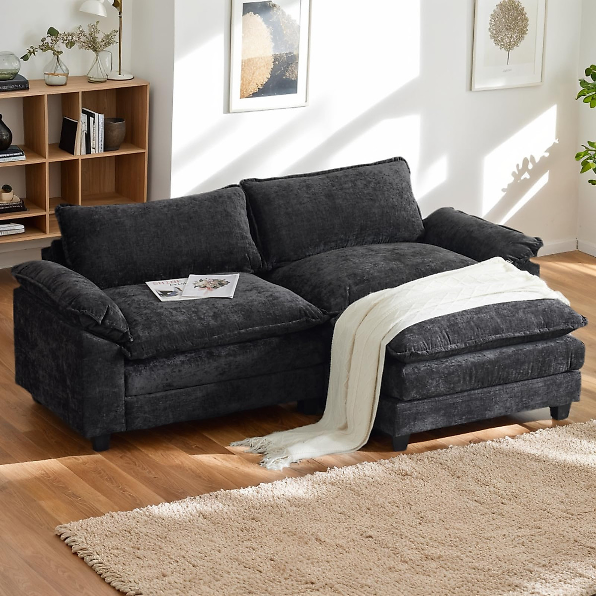 Karl home Sectional Sofa Modular Deep Seat Sofa Couch with Ottoman, Chenille Sofa Sleeper Comfy Upholstered Furniture for Living Room, Apartment, Studio, Office, (2-Seat & 1-Ottoman, Black)