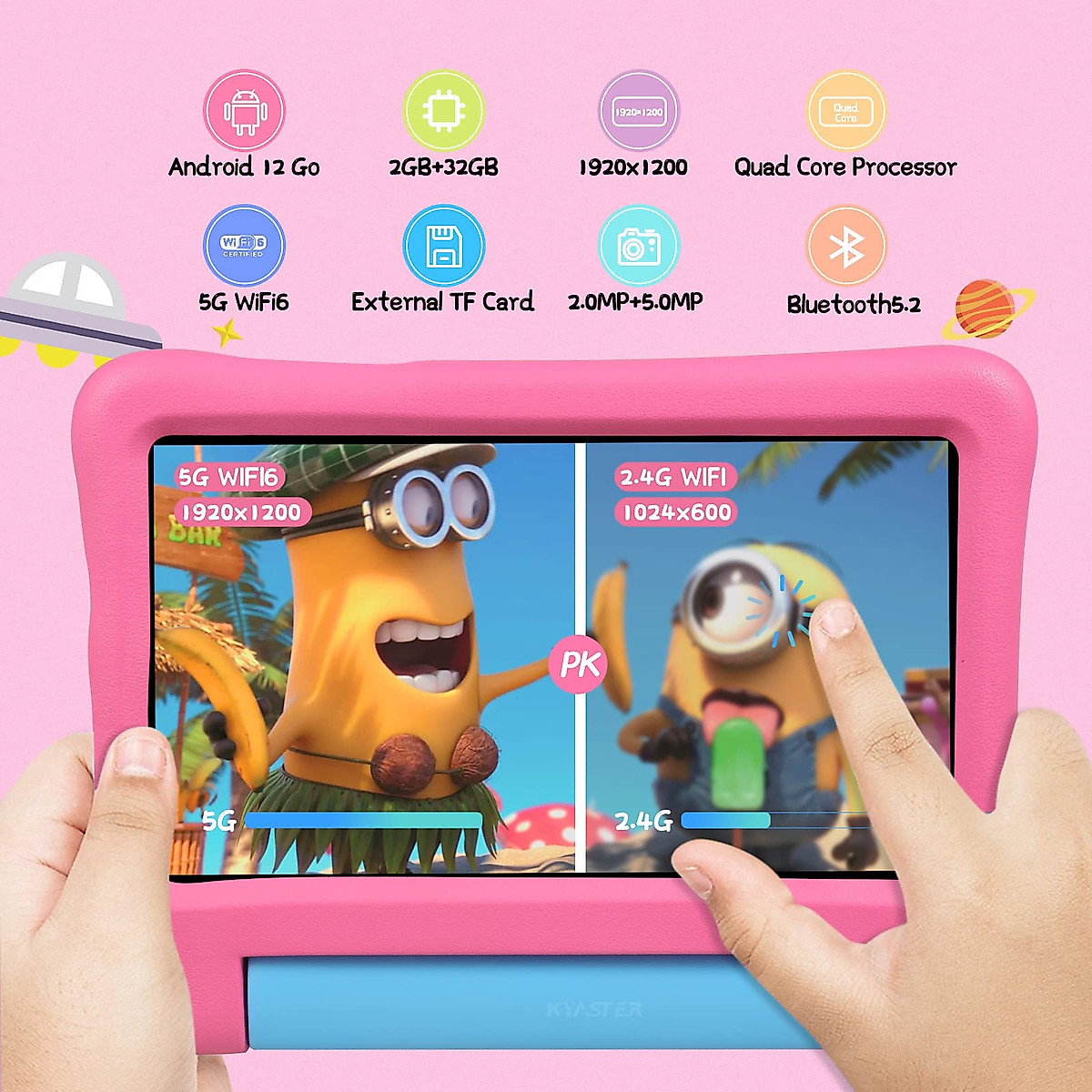 KYASTER Kids Tablet, Toddler Tablets,7 inch 5G WiFi 6 Android 12, Full HD 1920x1200 IPS Screen, 2GB RAM 32GB ROM,Parental Controls for Learning Gaming,EVA Kids-Proof Case with Stylus