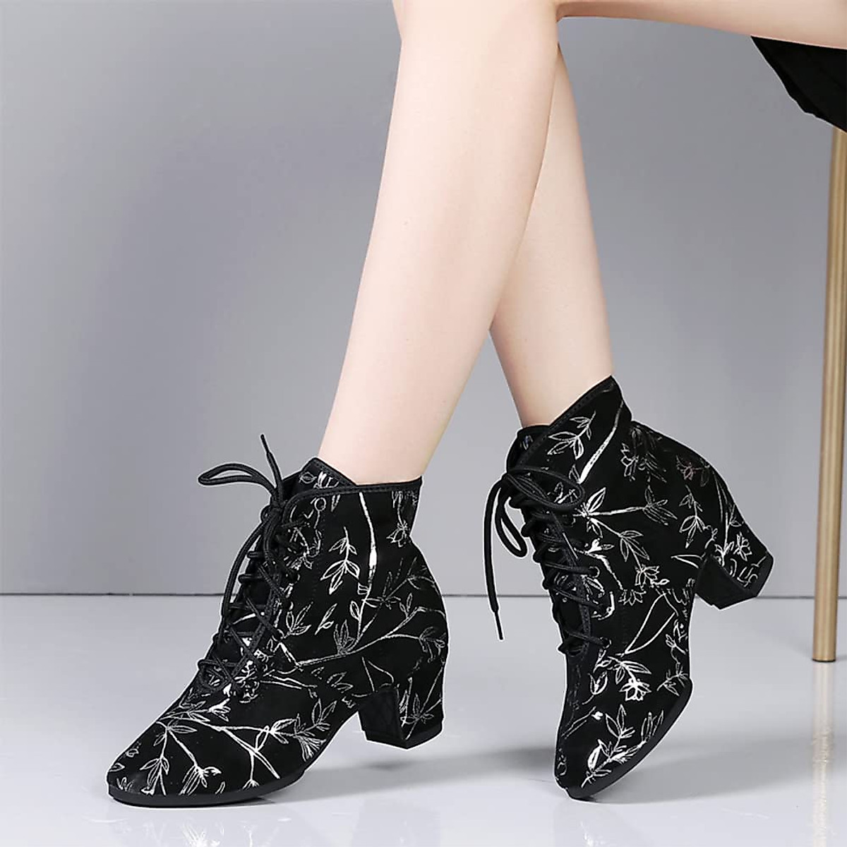 HROYL Women's Latin Dance Boots Close Toe Ballroom Tango Performance Practice Teaching Dancing Shoes,LHD-GBNJB-TJYH-5-R,US 8