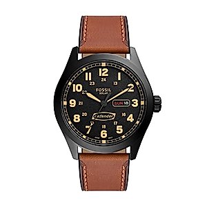 Fossil Men's Defender Solar-Powered Stainless Steel and Leather Watch, Color: Black, Brown (Model: FS5978)