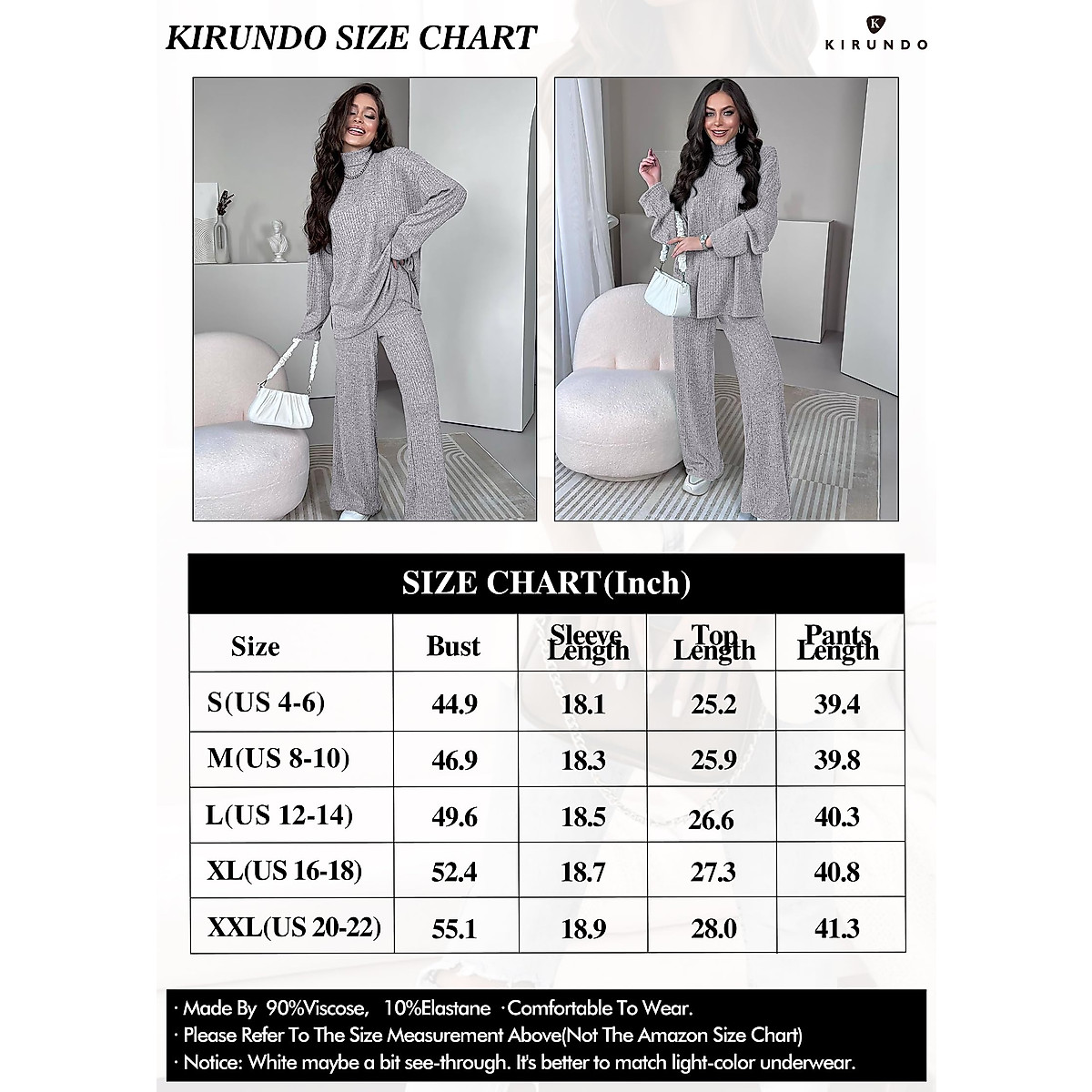 KIRUNDO Track Suits For Women Set Lounge Set Casual Long Sleeve Knitted Tops Long Pants Sweat Set Trendy Fall Clothes Casual Outfits(Grey, Small)