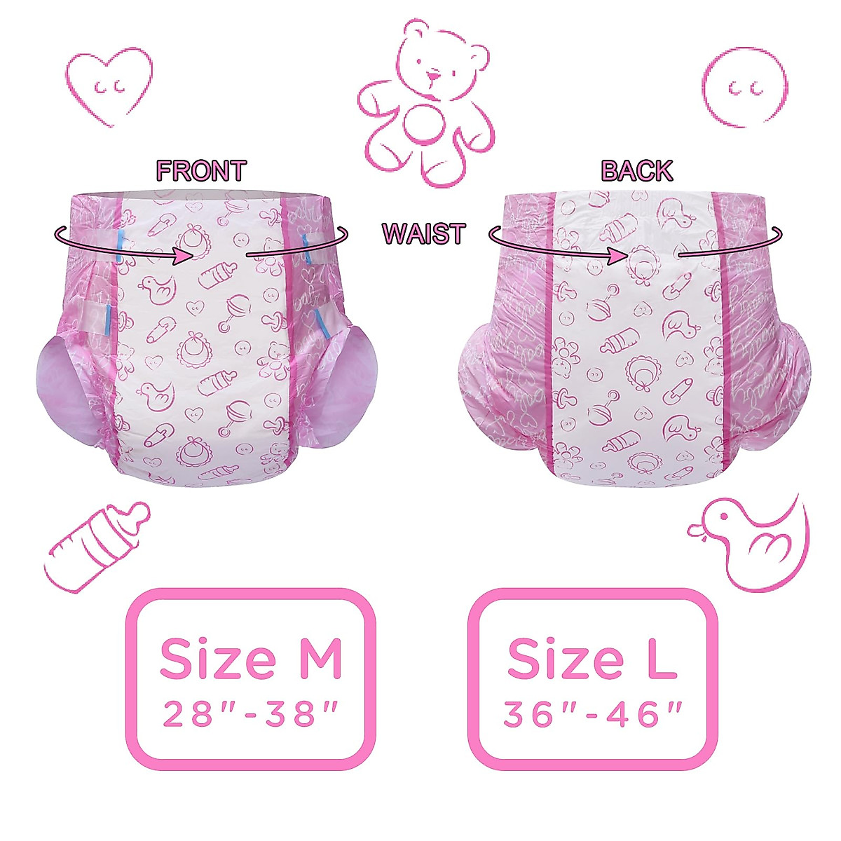 Littleforbig Adult Printed Diaper 40 Pieces (4 Packs) - Nursery Pink (Medium 28"-38")