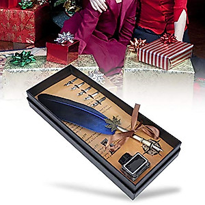 Vintage Feather Pen Set, Calligraphy Writing Quill Ink Dip Pen Writing Ink Set Stationery Gift Box(Blue)