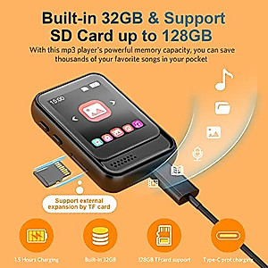 32GB Mp3 Player with Bluetooth, Portable Music Player Built-in Micro SD Card Slot and HD Speaker Support FM Radio Voice Record Video Ebook Alarm Full-Touch Screen Mp3 Mp4 Player for Running