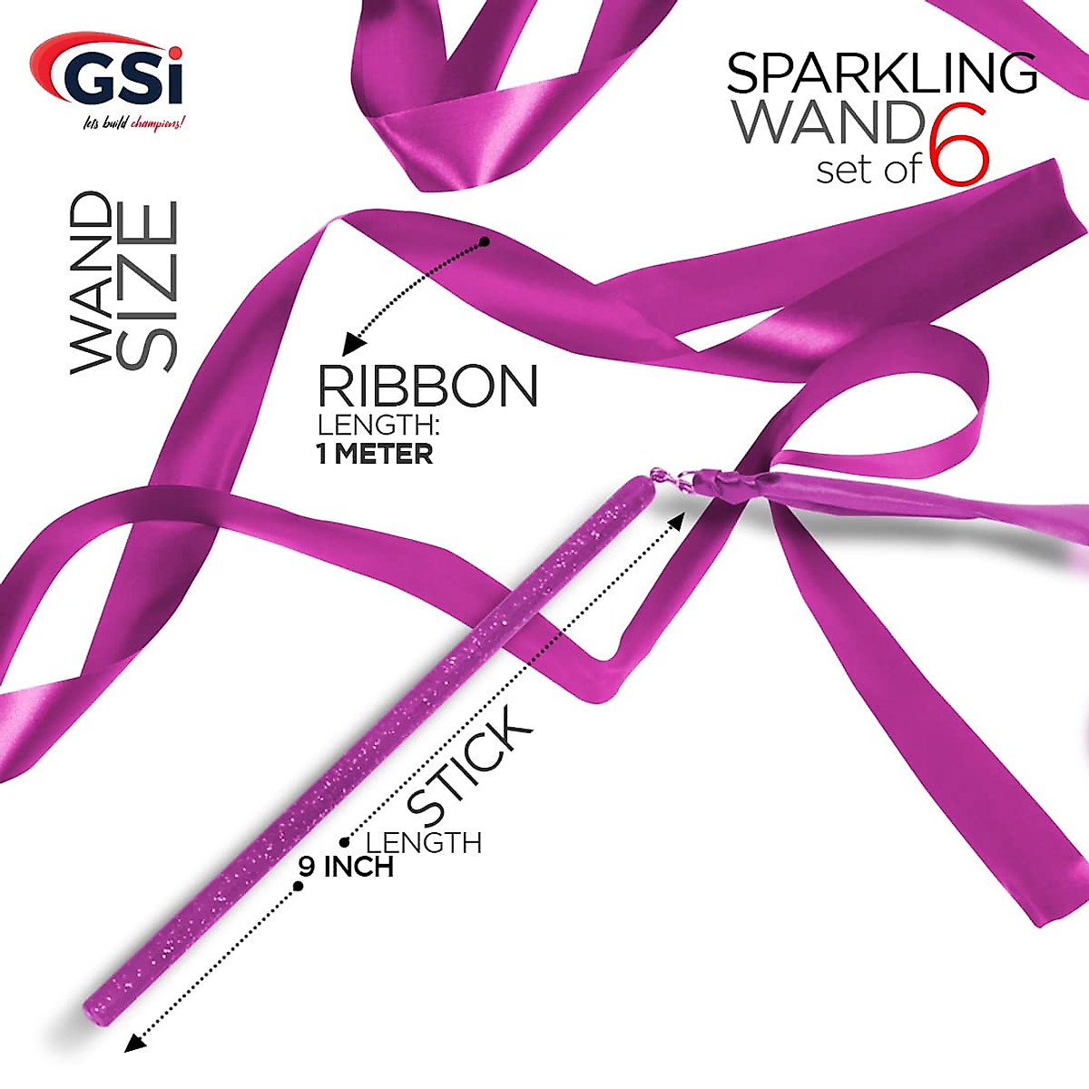 GSI Multicolor Sparkling Gymnastic Ribbon Wands [6 pack] with 9 inch stick and 1 meter ribbon for Gym, Training, Circus, Dance, Baton Twirling, Dancing Streamers (pack of 6)