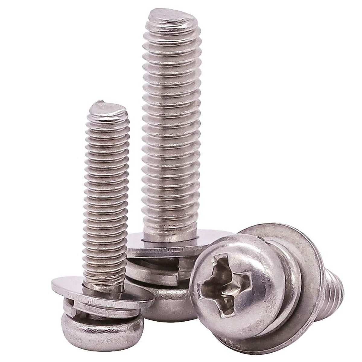 M4-0.7 x 6mm (100 Sets) Pan Head Machine Screws with Flat Washers and Lock Washers, Stainless Steel 304 (18-8), Phillips Drive, Full Coarse Thread UNC, Bright Finish