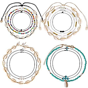 ONESING 14 Pcs Shell Necklace Choker Puka Shell Necklace Beach Necklace Pearl Choker Bohemian Beaded Choker Necklace Set Handmade Hawaii Jewelry Adjustable for Women