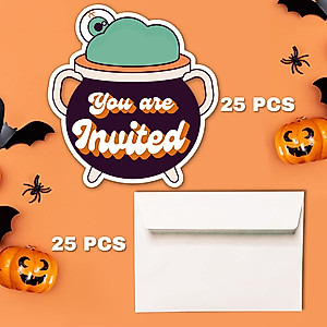 Deluxe Halloween or Costume Party Invitations, 25 Shape Fill-in Cards with Envelopes, Pumpkin, Ghost, Monster, Cute Trick or Treat, Box or Treat for Kids Birthday or Adult party - 4"X6" (JRM369)