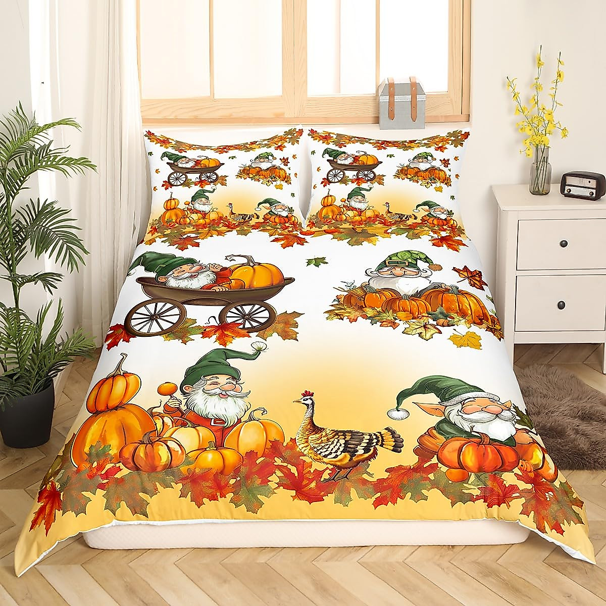 Thanksgiving Autumn Duvet Cover Set King Size,Gnome Fall Harvest Pumpkin Bedding Set,Boys Girls Room Decor,Turkey Maple Leaves Comforter Cover,Orange Quilt Cover,2 Pillowcases(No Comforter)