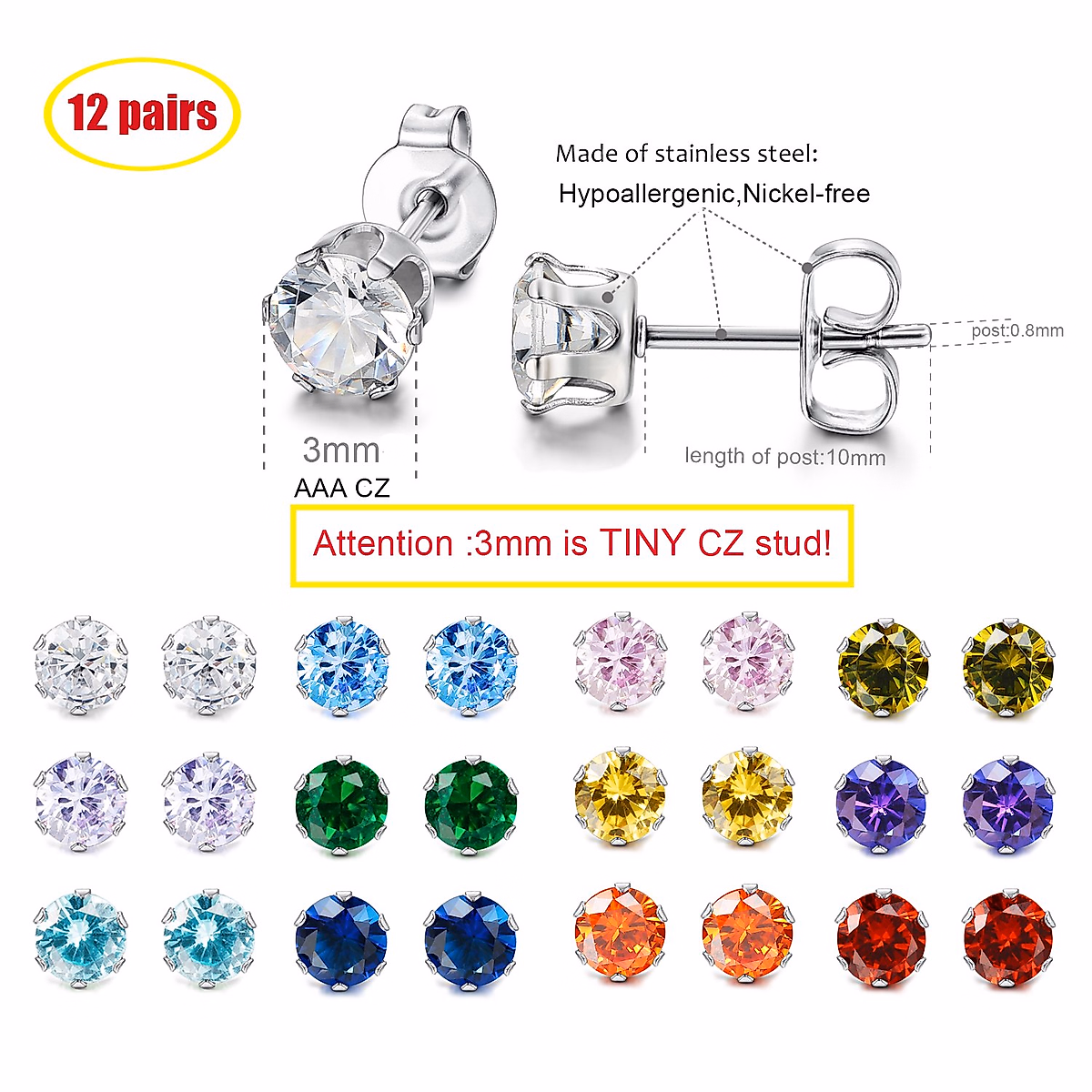 LOYALLOOK 12 Pairs Stainless Steel Brilliant Cut Round Cubic Zirconia Birthstone Stud Earrings for Women (C:3mm 12 pairs)