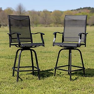 Flash Furniture Valerie Patio Bar Height Stools Set of 2, All-Weather Textilene Swivel Patio Stools with High Back & Armrests in Black