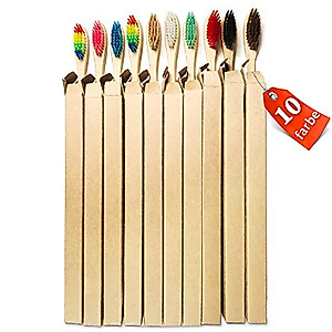 Sumshy 10 Color Soft Bristles Natural Bamboo Toothbrushes Set, Premium BPA Free for Best Clean, Eco-Friendly, Plastic-Free, Vegan, Biodegradable & Compostable Charcoal Wooden Toothbrush