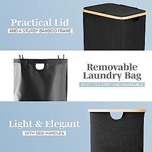 LONBET 26 Gal. Laundry Basket with Lid, Made from Breathable Fabric Aesthetic Clothes Hampers for Laundry with Side Handles & Sturdy Bamboo Frame Laundry Hamper with Lid & Removable Bag, Black