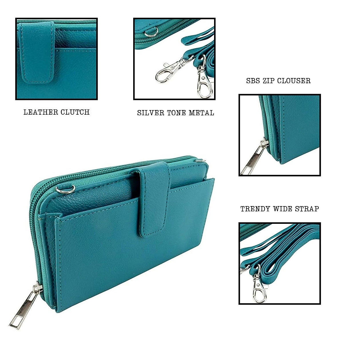 RFID-Blocking Purse - Womens Wallets RFID Blocking - Womens Crossbody Leather Purse - Zip Around Womens Clutch Wallet - Teal, L9312