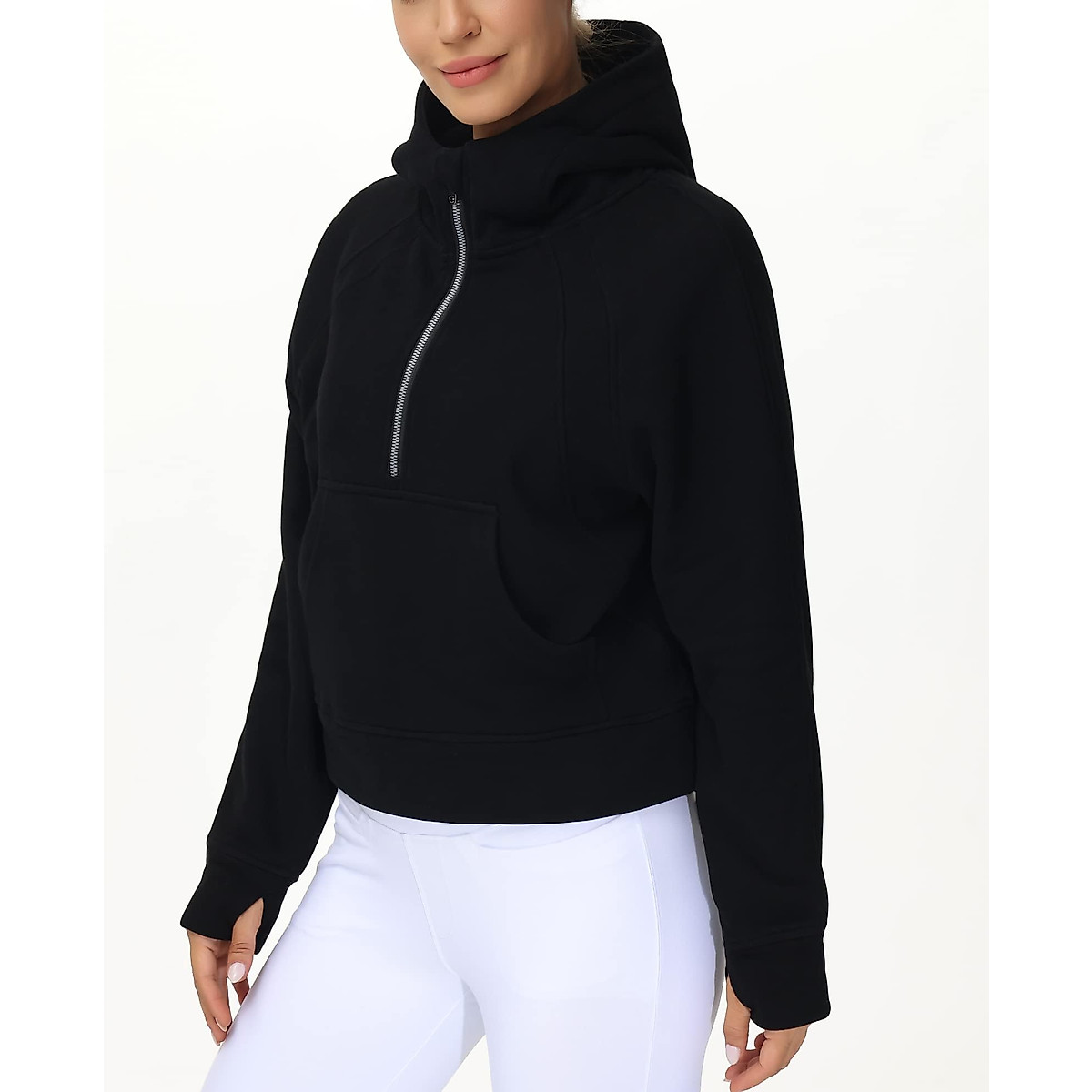 THE GYM PEOPLE Women’s Hoodies Half Zip Long Sleeve Fleece Crop Pullover Sweatshirts with Pockets Thumb Hole Black
