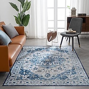 VIPBED Rug,Washable Area Rug 5x7 for Living Room with Anti-Slip Backing,Ultra-Thin Vintage Bohemian Medallion Area Rugs, Distressed Carpet for Indoor Living Room Bedroom Kitchen(Blue,5'x7')