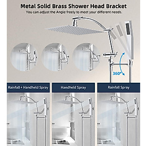 Hibbent All Metal 12'' Rainfall Shower Head, Square Shower Head Combo, High Pressure Handheld Shower Wand, 16'' Adjustable Arc-shaped Shower Extension Arm, 71'' Hose, 2 Showerhead Holders, Chrome