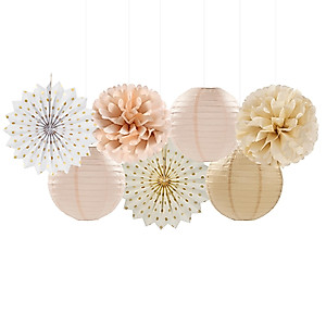 Beige-Champagne Gold White-Peach Boho Party-Decorations - 20pcs Neutral Baby Shower Rustic Wedding Paper Lanterns Fans,Tissue Pom Poms,Honeycomb Balls,Bunting,Birthday Bridal Decor Burgleda