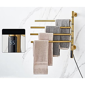 EWDPHW Electric Heated Towel Rack Gold for Bathroom, Rotatable Towel Rack with Timer, 80W Wall Mounted Towel Warmer Racks, 304 Stainless Steel Heated Towel Rail, Plug in