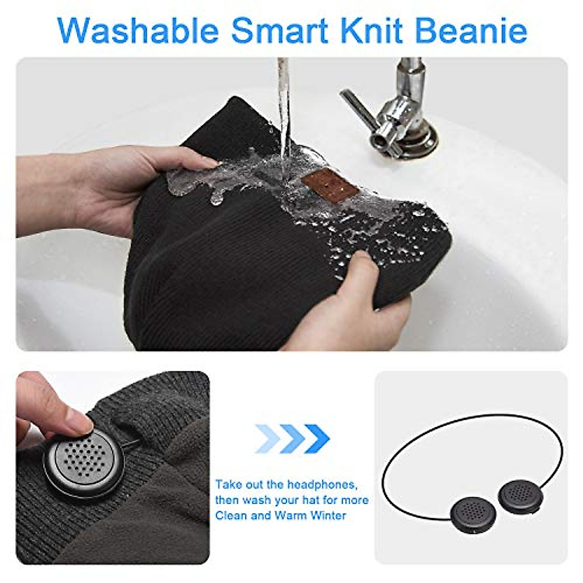 beanie MUSICBEE Bluetooth V5.2 Wireless Knit Winter Cap, 24 Hour Play time, Built-in Microphone and HD Stereo Speakers, Wool Lined for Outdoor Homes and Gifts - Neutral (Charcoal)