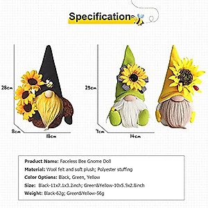 Helishy Bee Gnome Spring Sunflower Doll - Plush Bumble Bee Elf Ornament, Handmade Faceless Desktop Decor (Green)