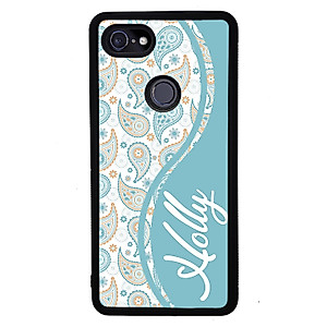 Teal Blue Orange Paisley Personalized Black Rubber Phone Case Compatible With Google Pixel 8 Pro, 8a, 8, 7a, 7, Pixel 7 Pro, 6a, Pixel 6 Pro, 6, 5, 4a 5G, 4a 4G, 4, 4 XL, 3a, 3a XL, 3, 3 XL, 2 XL