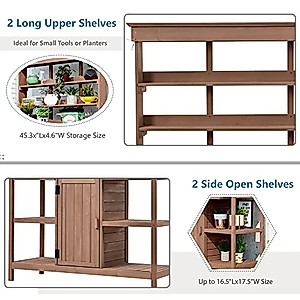 Polibi Potting Bench Table with 4 Open Shelves and 2 Drawers, 66" Large Farmhouse Wooden Outdoor Patio Workstation, Garden Potting Bench with Cabinet for Backyard, Mudroom (Brown)