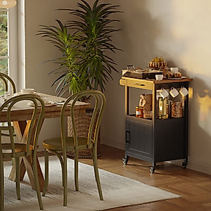 Qsun Kitchen Island Cart on Wheels with Drawer, Storage Cabinet, Shelf and Side Hook, Rolling Kitchen Cart with Rubber Wood Countertop, Microwaves Stand for Small Space, Black